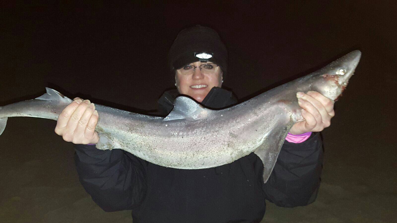Jens Cats Holding her dogfish - delaware-surf-fishing.com