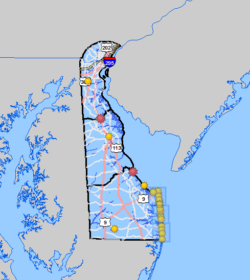 Water Advisory Map, the red star is an advisory - delaware-surf-fishing.com