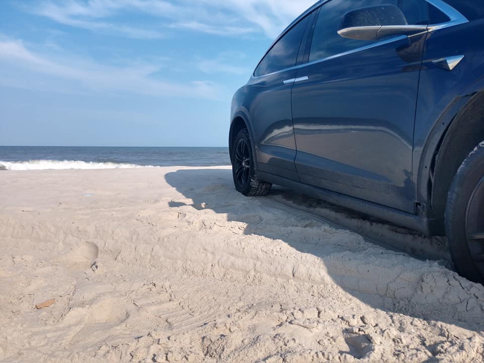 John Bockman's Tesla Model X on the beach at Assateague Island State ...