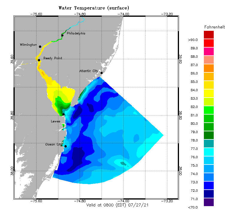 Delaware Bay OFS Water Temperature Nowcast - delaware-surf-fishing.com