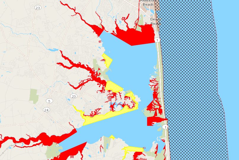 Seasonal clamming areas are in yellow - delaware-surf-fishing.com